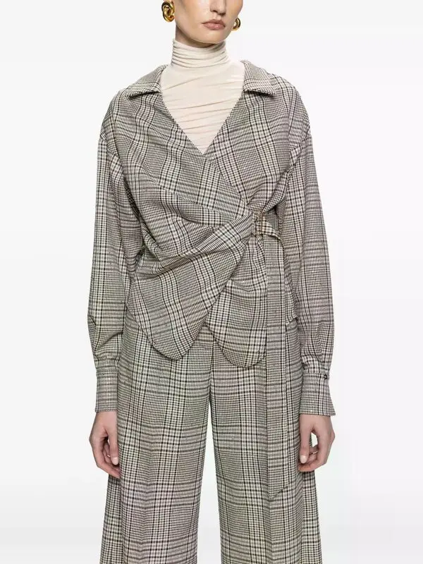 NISSA Checked Wrap Shirt With Spread Collar And Side Buckle Fastening