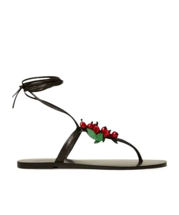 TWINSET Beaded Cherry Ankle-tie Flat Sandals