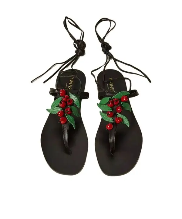 TWINSET Beaded Cherry Ankle-tie Flat Sandals
