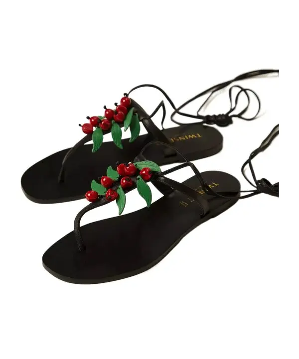 TWINSET Beaded Cherry Ankle-tie Flat Sandals