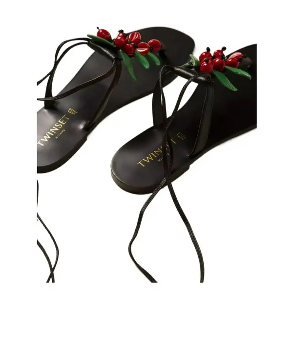 TWINSET Beaded Cherry Ankle-tie Flat Sandals