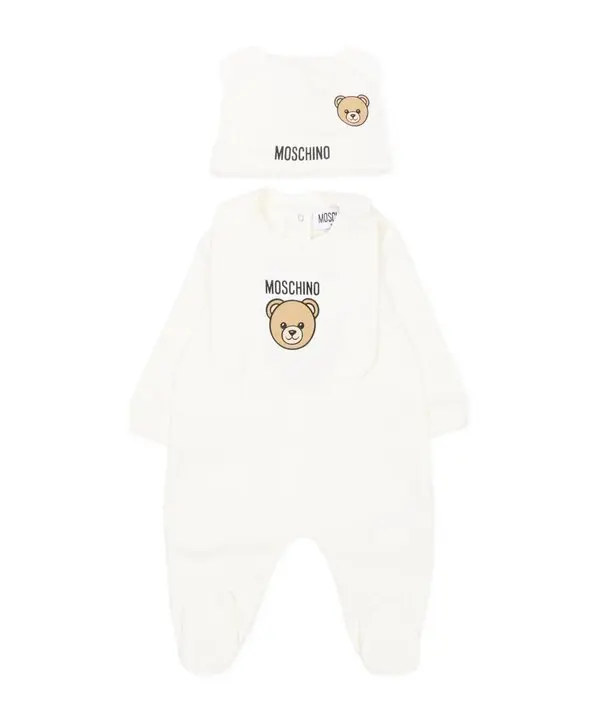Moschino Teddy Bear Footed Romper, Bib, And Hat Set