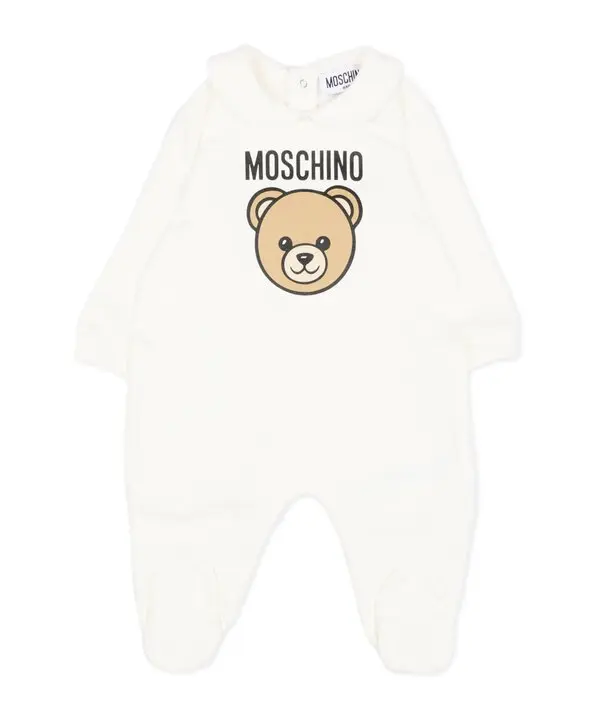 Moschino Teddy Bear Footed Romper, Bib, And Hat Set