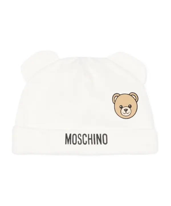 Moschino Teddy Bear Footed Romper, Bib, And Hat Set