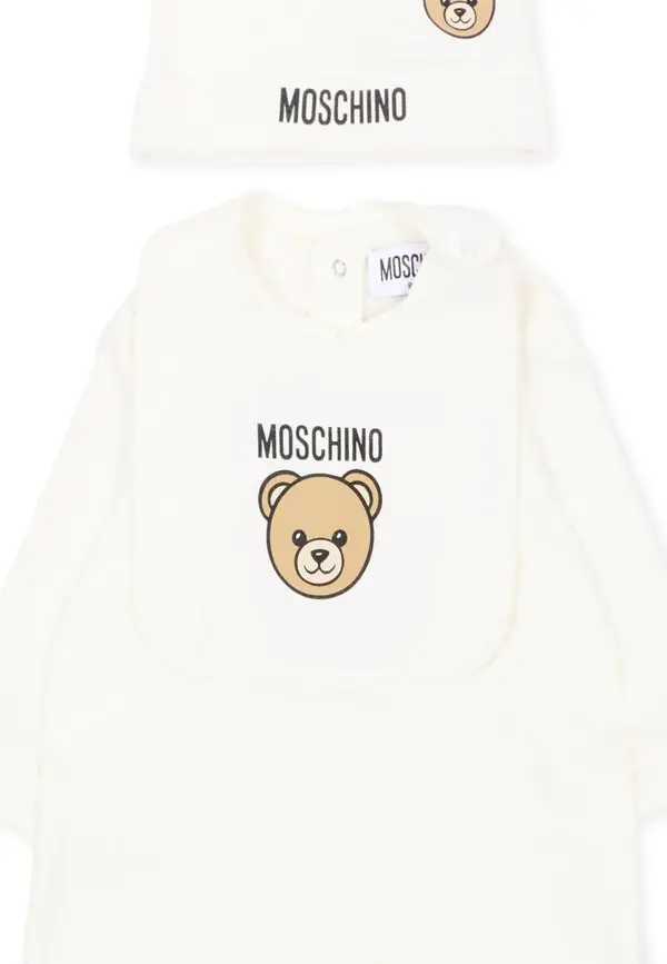 Moschino Teddy Bear Footed Romper, Bib, And Hat Set