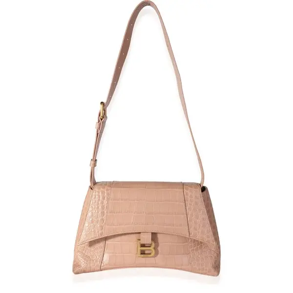 Balenciaga Beige Croc Embossed Hourglass Shoulder Bag - Neutral