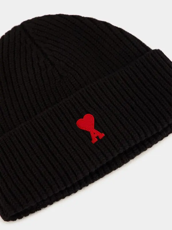 AMI Paris Wool De Coeur Beanie - Black