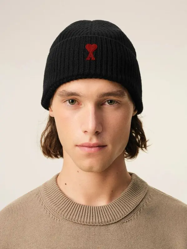 AMI Paris Wool De Coeur Beanie - Black