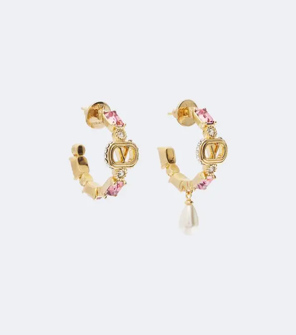 Valentino Garavani Embellished Hoop Earrings With Faux Pearls And Crystals - Gold