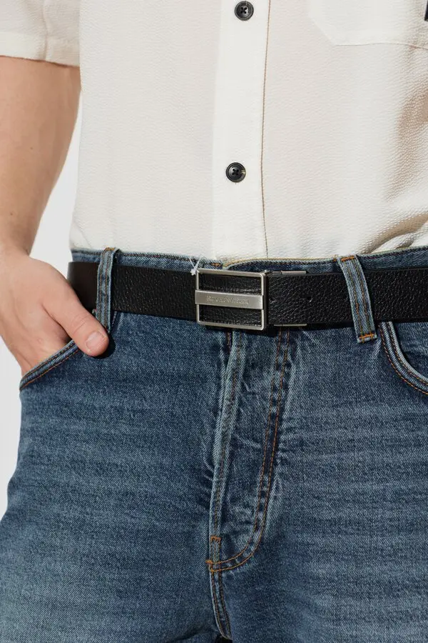 Emporio Armani Leather Belt With Textured Finish And Matte Anthracite Buckle