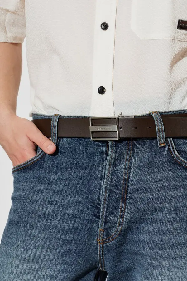 Emporio Armani Leather Belt With Textured Finish And Matte Anthracite Buckle