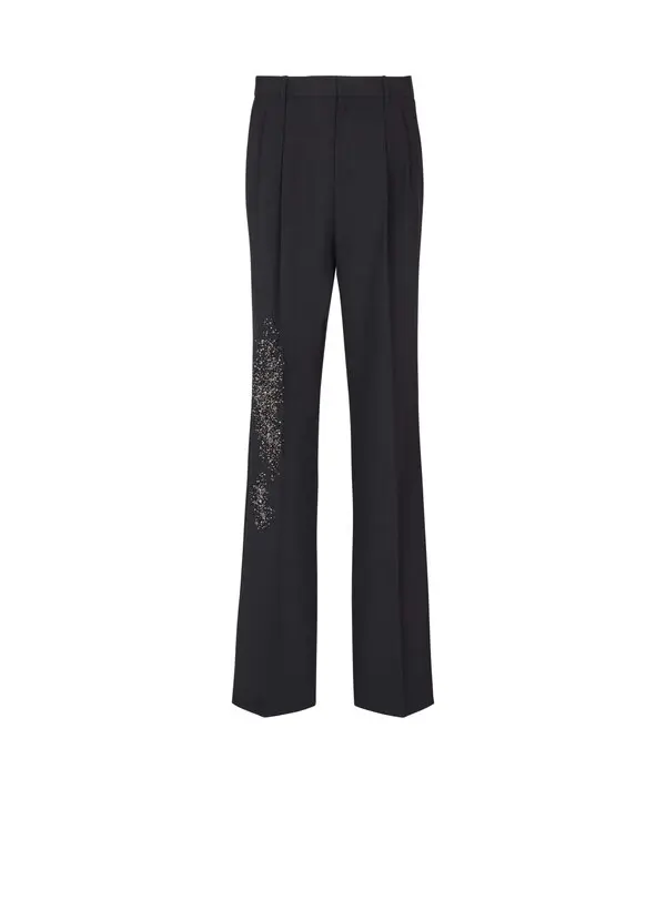Balmain Pleated Wool Trousers With Sand Effect Embroidery