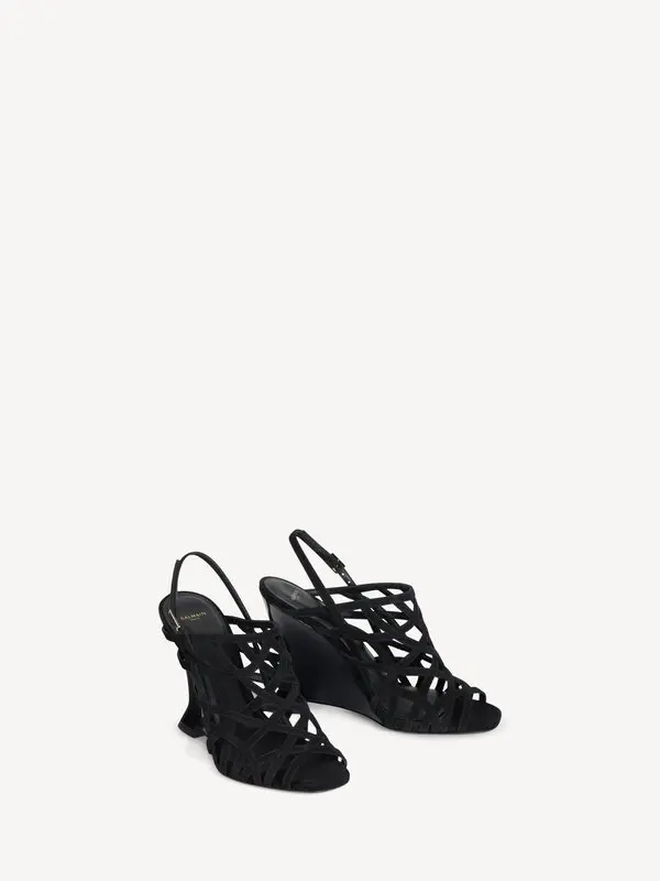 Balmain Suede Wedge Cage Sandals With Gold Tone Buckle - Black