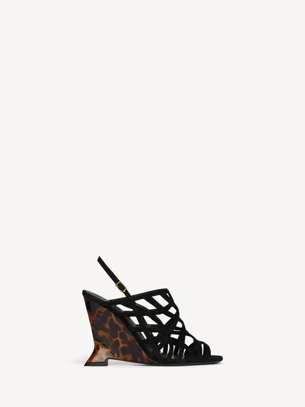Balmain Suede Wedge Cage Sandals With Tortoiseshell-effect Lacquer - Multicolor