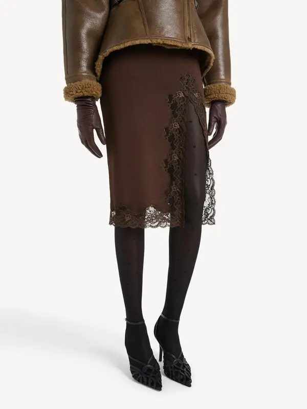 Balmain Knit Midi Skirt With Lace Detail - Brown