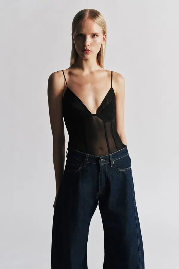 Bardot Jovana Mesh Bodysuit With V-neckline And Sheer Detailing - Black