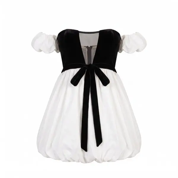 CLERESTORY Bijou Off-the-shoulder Velvet Bodice Dress With Bubble Skirt - Black/white