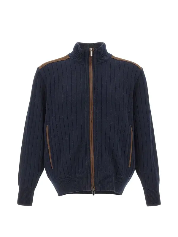 Paul & Shark Ribbed Zip-up Sweater With Suede Accents