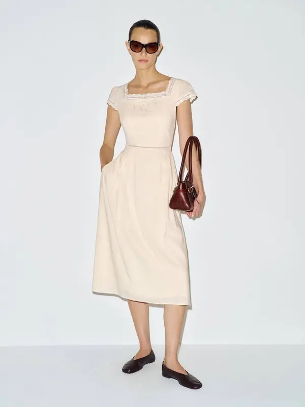 REFORMATION Aurette Midi Dress With Square Neckline And Embroidered Details