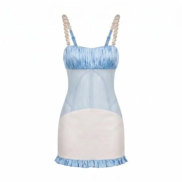 CLERESTORY Luscia Pearl Strap Mesh-waist Linen Mini - Blue