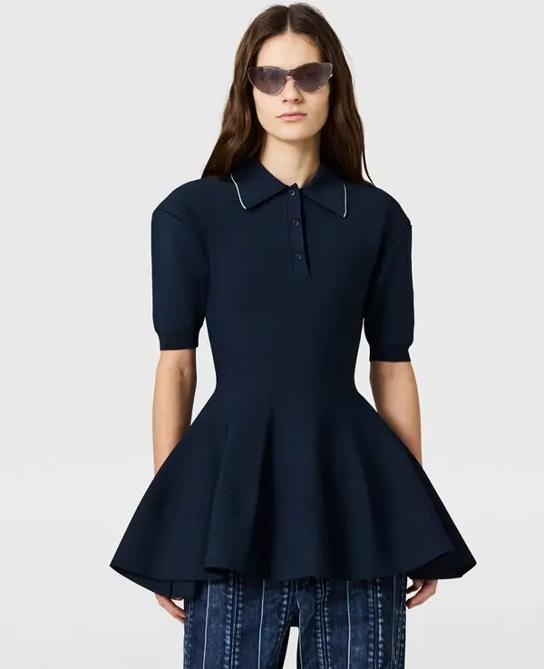Stella McCartney Compact Knit Peplum Polo Top - Navy