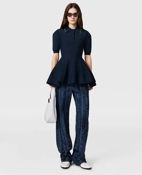 Stella McCartney Compact Knit Peplum Polo Top - Navy