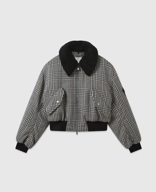 Stella McCartney Plaid Bomber Jacket With Plush Trim - Grey