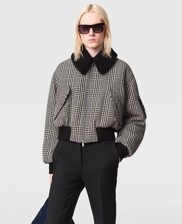 Stella McCartney Plaid Bomber Jacket With Plush Trim - Grey