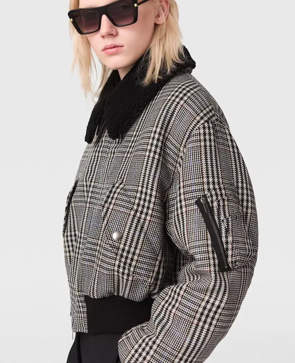 Stella McCartney Plaid Bomber Jacket With Plush Trim - Grey