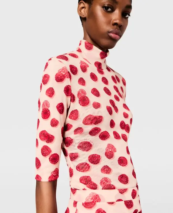 Stella McCartney Raspberry Print High Neck Mesh Top