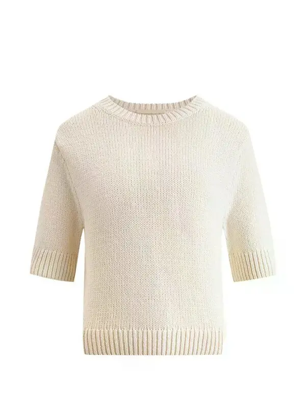 12 STOREEZ Off-white Ribbed Cotton Short Sleeve Top - Neutrals