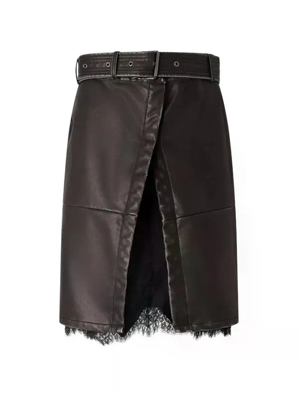 Pinko Belted Faux-leather Skirt With Lace Trim - Black