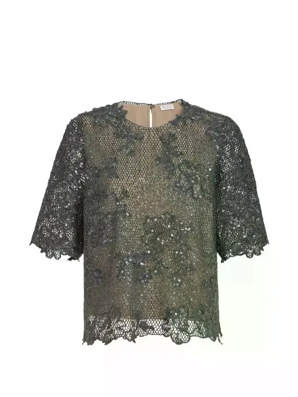 Brunello Cucinelli Mohair And Wool T-shirt With Lace Embroidery And Sequins - Grey