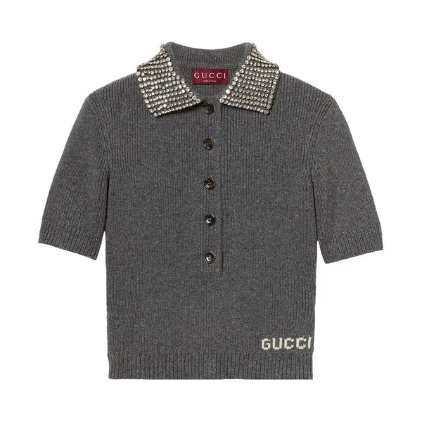 Gucci Ribbed Wool Polo Top - Grey
