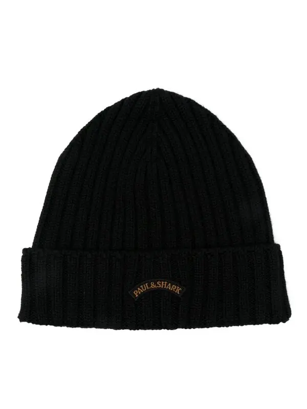 Paul & Shark Ribbed Beanie With Logo Embroidery - Black