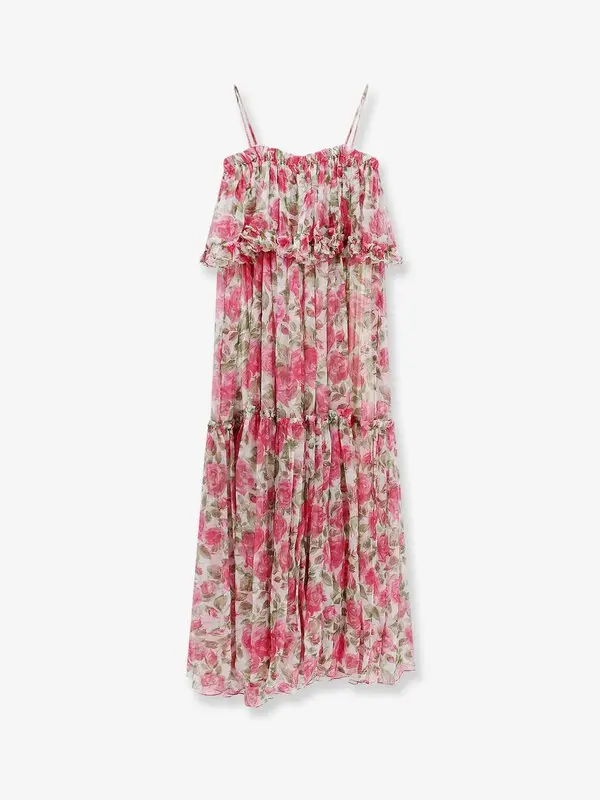 Chloé Floral Print Silk Ruffle Trim Maxi Dress - Multicolor