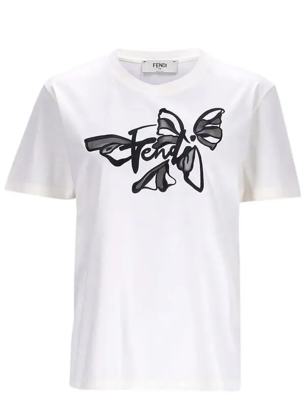 Fendi Crew Neck T-shirt With Front Embroidery - Bianco