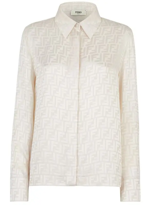 Fendi Long Sleeve Silk Jacquard Ff Motif Shirt - Bianco