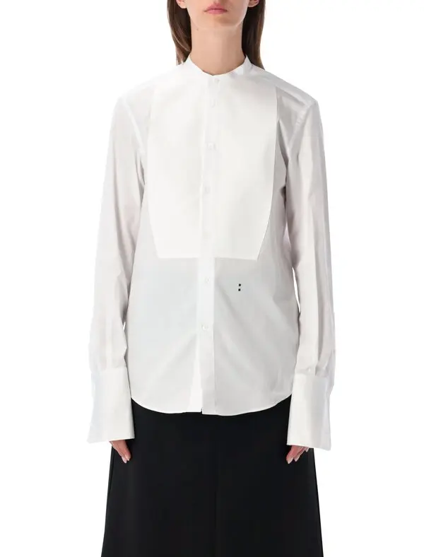 Fendi Tone-on-tone Piqué Plastron Motif Mandarin Collar Shirt - Bianco