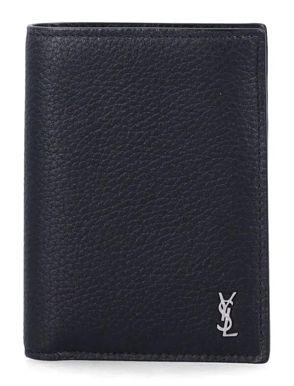 Saint Laurent Wait No Brand Allowed. Slim Mini Cassandre Card Holder In Grained Leather With Metal Monogram - Nero