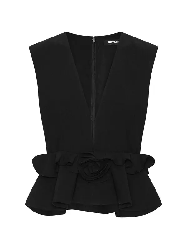 ROTATE BY BIRGER CHRISTENSEN V-neck Zip Front Top With Decorative Flower Detail - Nero