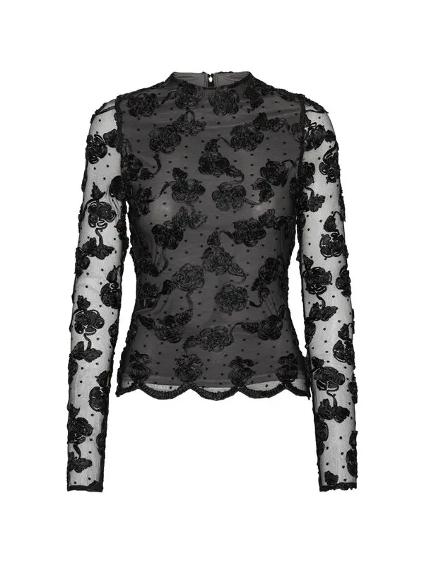 ROTATE BY BIRGER CHRISTENSEN Floral Mesh Long-sleeve Top - Nero
