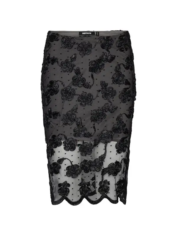 ROTATE BY BIRGER CHRISTENSEN Floral Appliqué Mesh Midi Skirt - Nero
