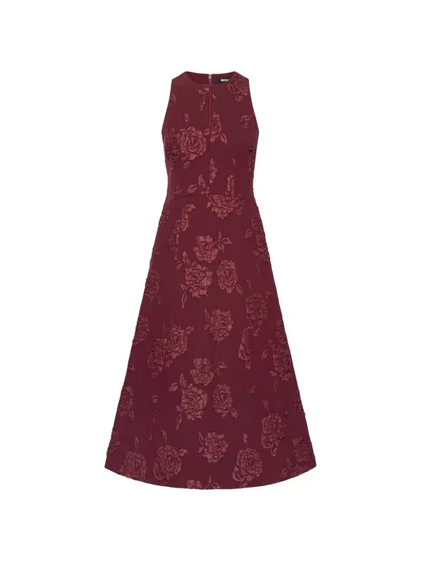 ROTATE BY BIRGER CHRISTENSEN Sleeveless Jacquard Midi Dress With Front Keyhole And Flared Skirt - Rosso
