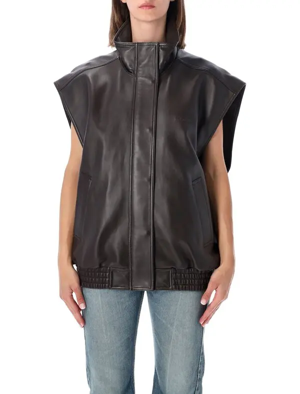 Balenciaga Sleeveless Lamb Leather Blouson With Stand Collar And Fitted Waist - Marrone