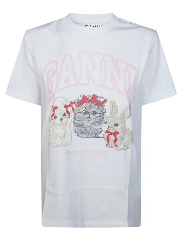GANNI Short-sleeve T-shirt With Mini Pets Print - Bianco