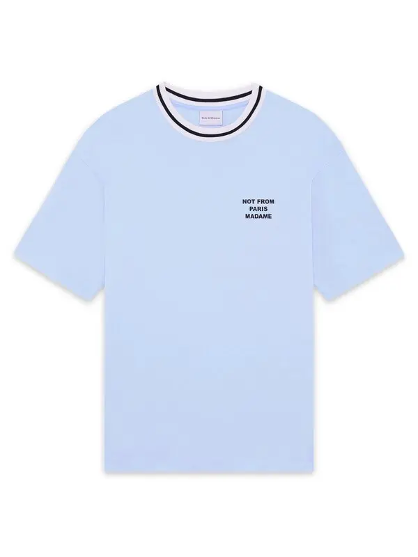 Drole De Monsieur Chest Slogan Print Cotton T-shirt With Ribbed Contrast Neckline - Azzurro