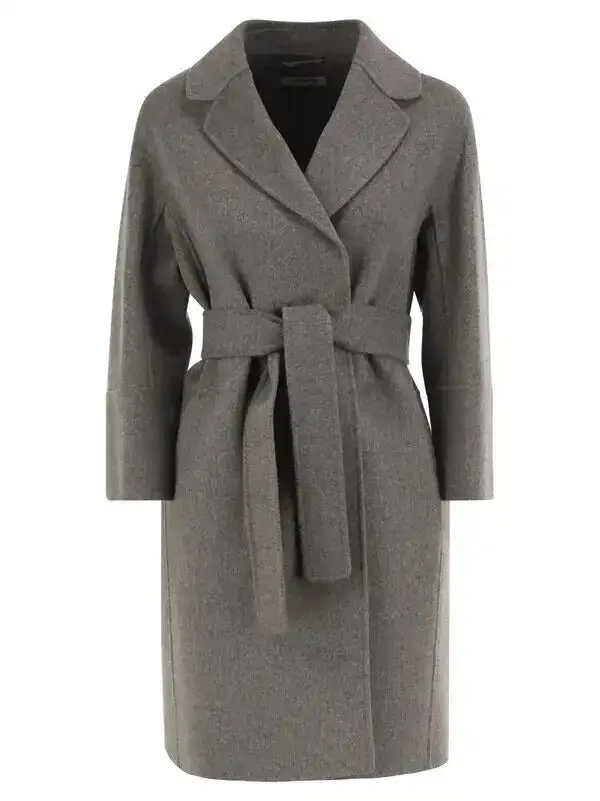 Max Mara Wide-fit Virgin Wool Coat With Notched Lapel And Belt - Grigio