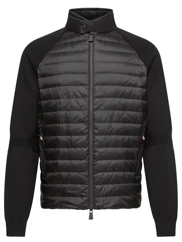 Moncler Down-filled Long-season Front Jacket With Zip Pockets & Jacquard Logo - Nero