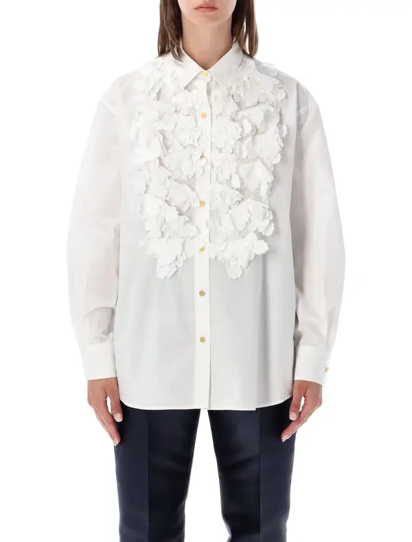 Alberta Ferretti Embroidered Floral Appliqué Cotton Shirt - Bianco